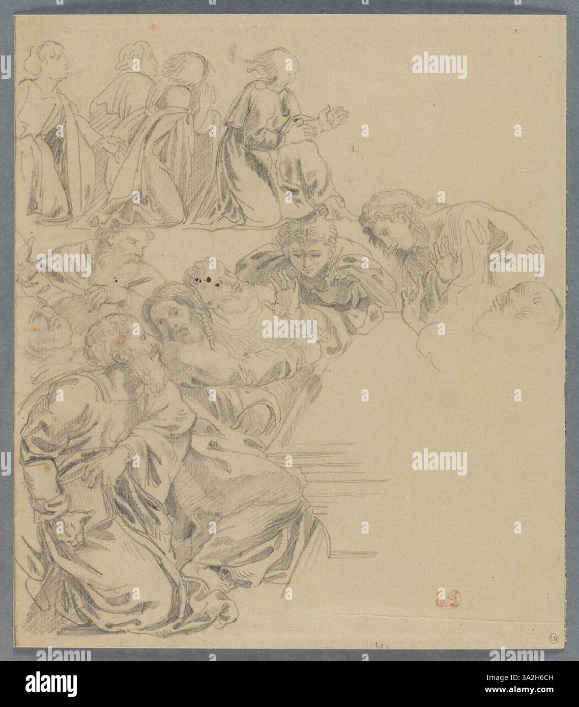 This artwork shows Noah and his sons alongside apostles around the tomb ...