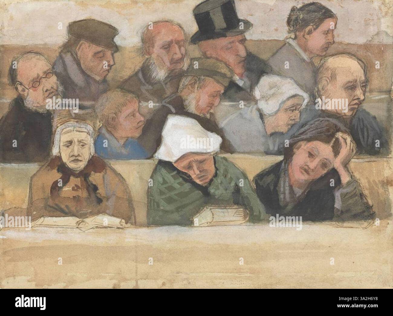 A watercolor of worshippers seated in a church pew, showing Van Gogh’s ...