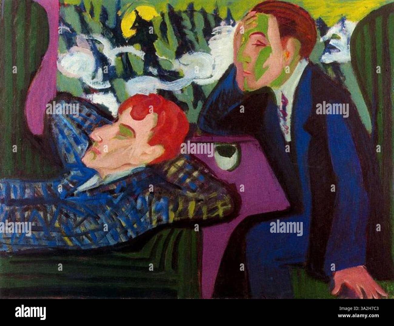 This work depicts figures in motion, with distorted forms and vivid ...