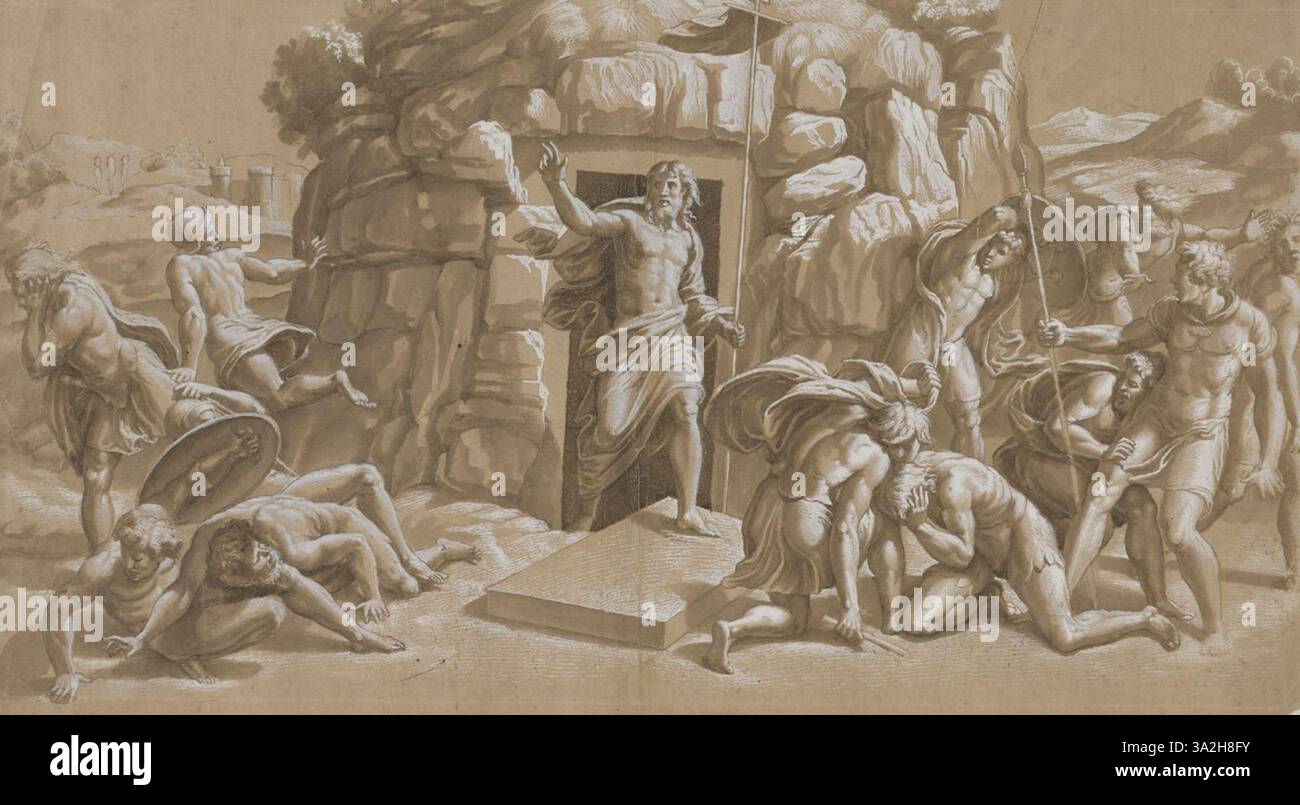This copy after Raphael depicts the Resurrection of Christ, focusing on the dramatic and divine ...