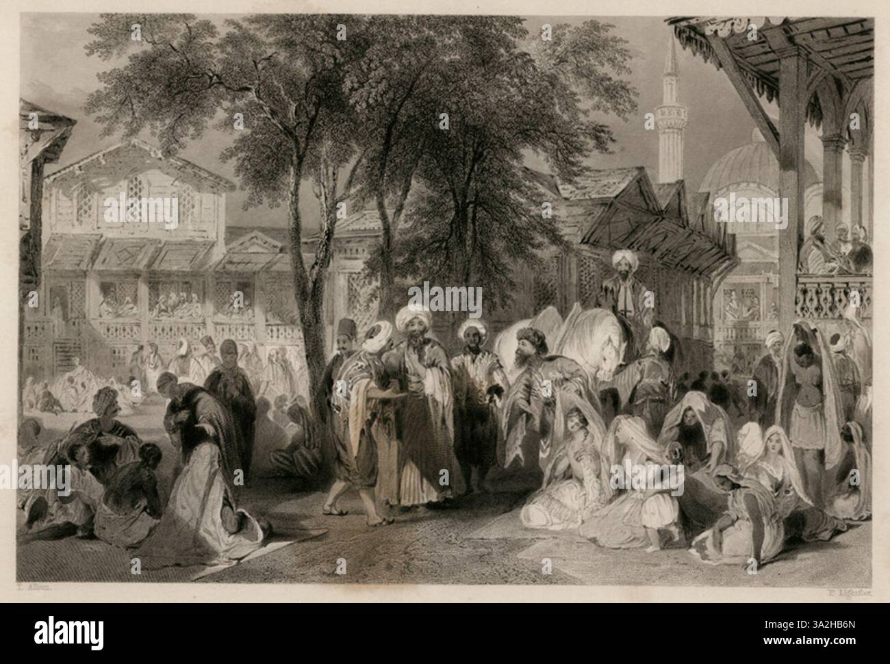 The illustration shows a scene from the Aurut Bazaar, depicting a 19th ...