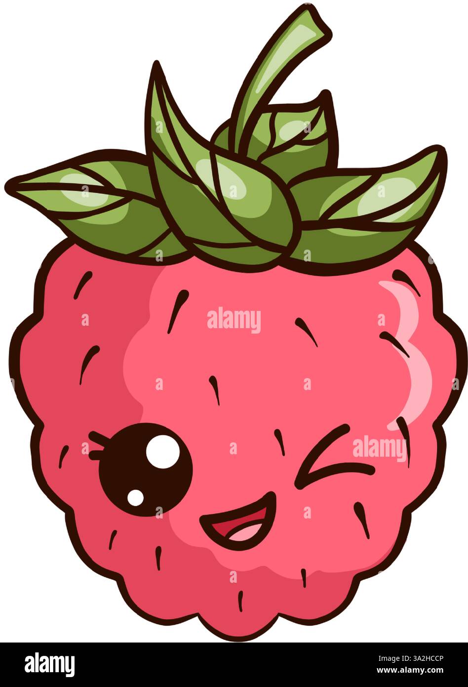 Pink raspberry with leaves. Vector cartoon kawaii illustration isolated ...