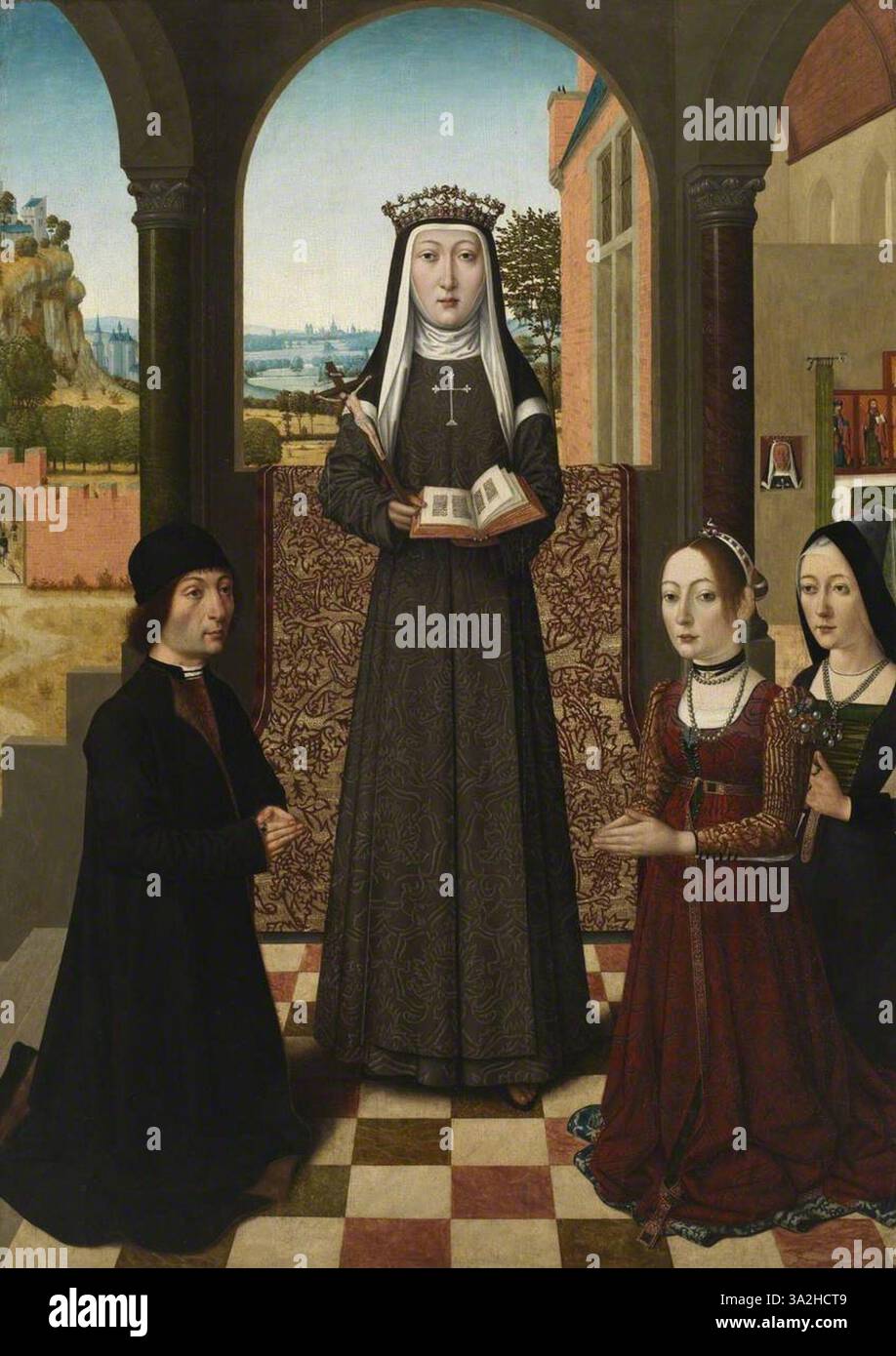 This painting depicts Saint Catherine of Bologna with three donors ...