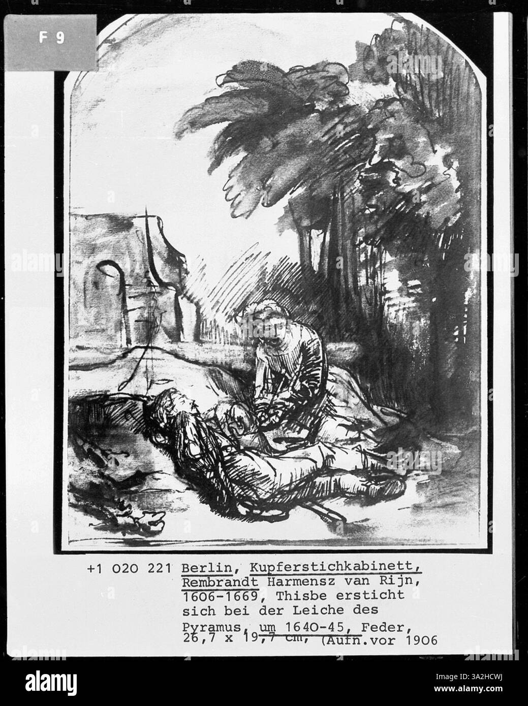 This dramatic scene portrays Thisbe stabbing herself by the corpse of ...