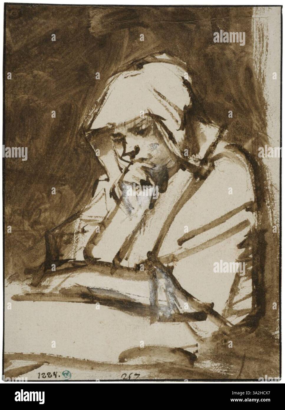 This portrait shows a girl sitting by a window. The light falling on ...