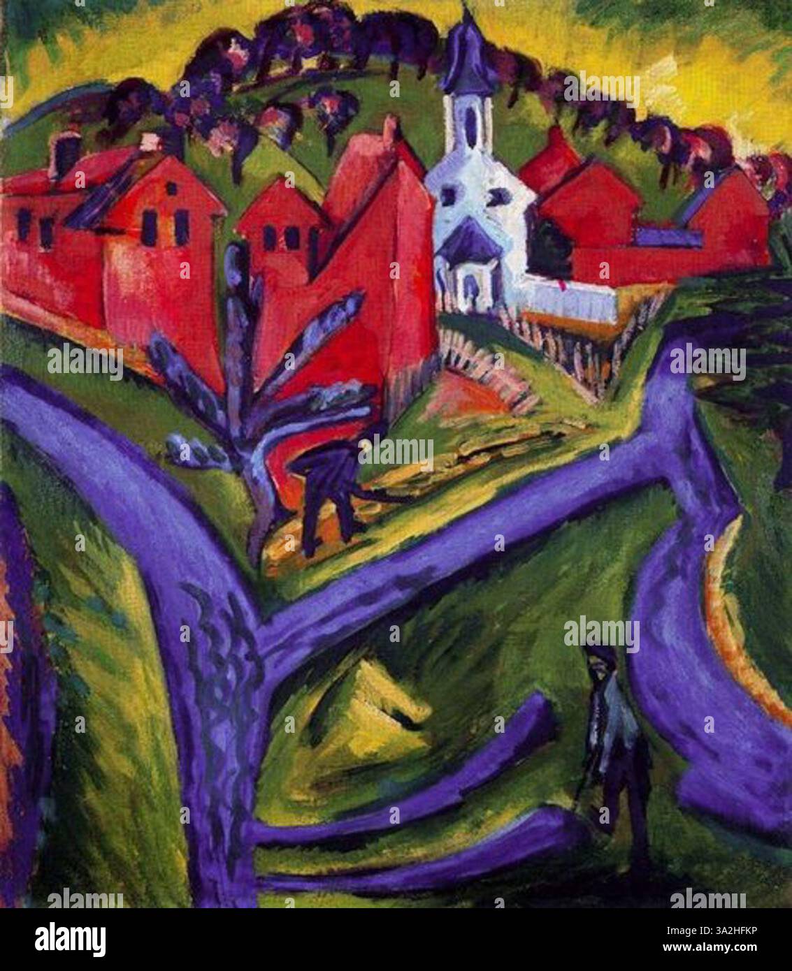 This urban scene captures a blue pathway through a village in Dortmund ...