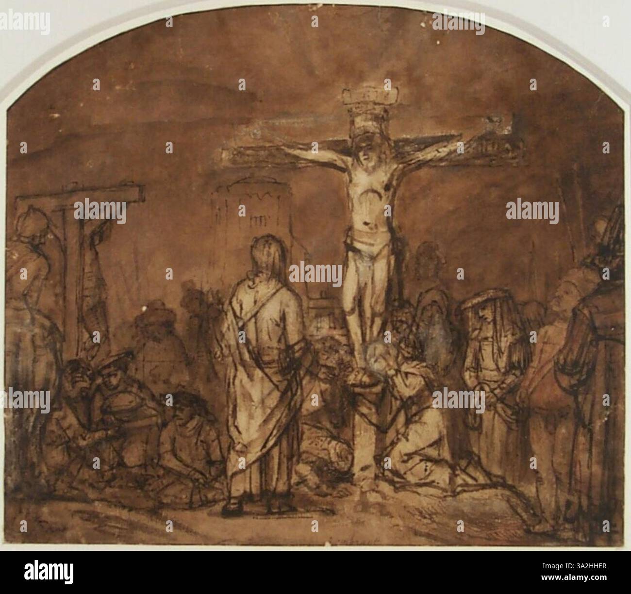 This work portrays the crucifixion of Christ, focusing on the central figure of Christ and the ...