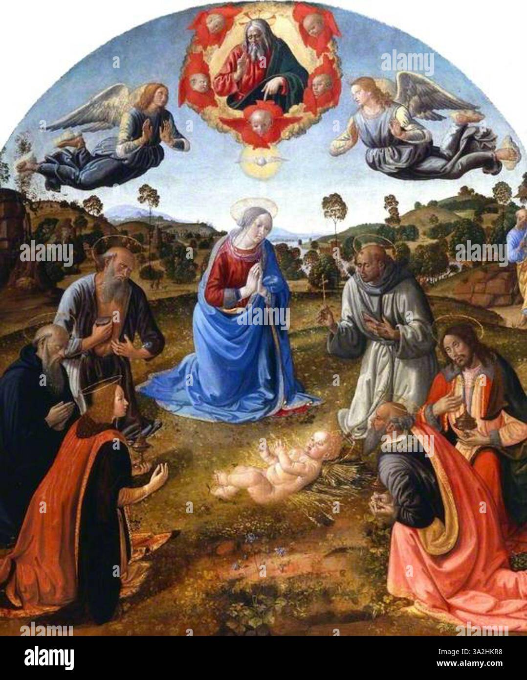 This 1480s painting by Cosimo Rosselli shows the Adoration of the Child Jesus. The Virgin Mary ...