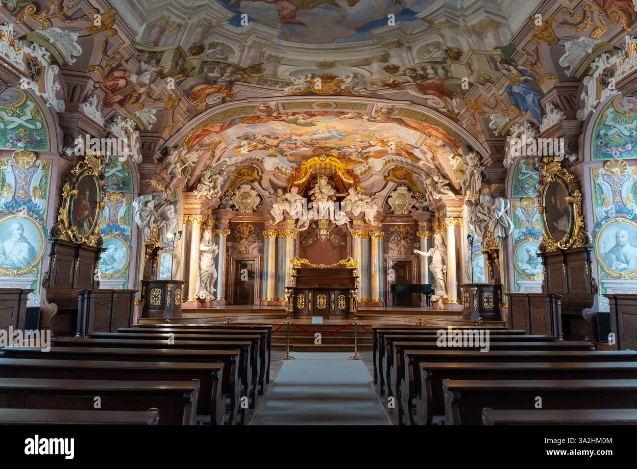 Magnificent baroque church interior with richly decorated ceiling ...