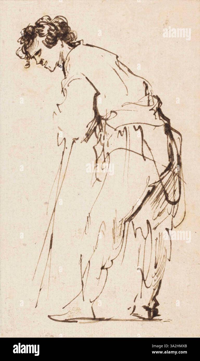 This artwork features a young man leaning on a stick, capturing the ...