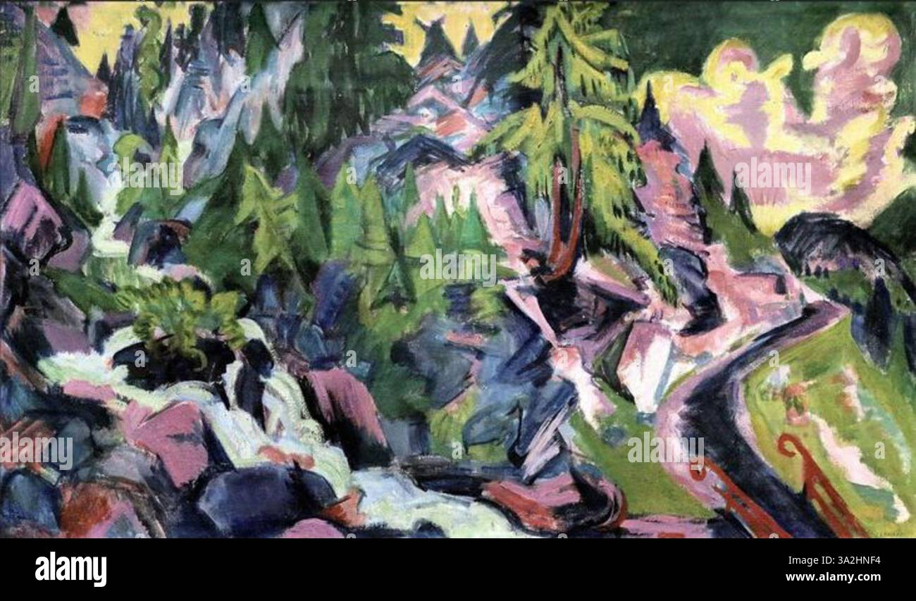 This mountain scene features a rushing torrent, painted with energetic ...