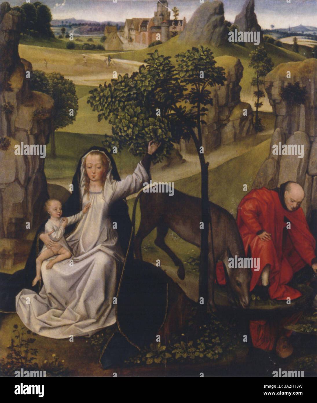 This 15th-century painting by Hans Memling depicts the Holy Family resting during their flight ...