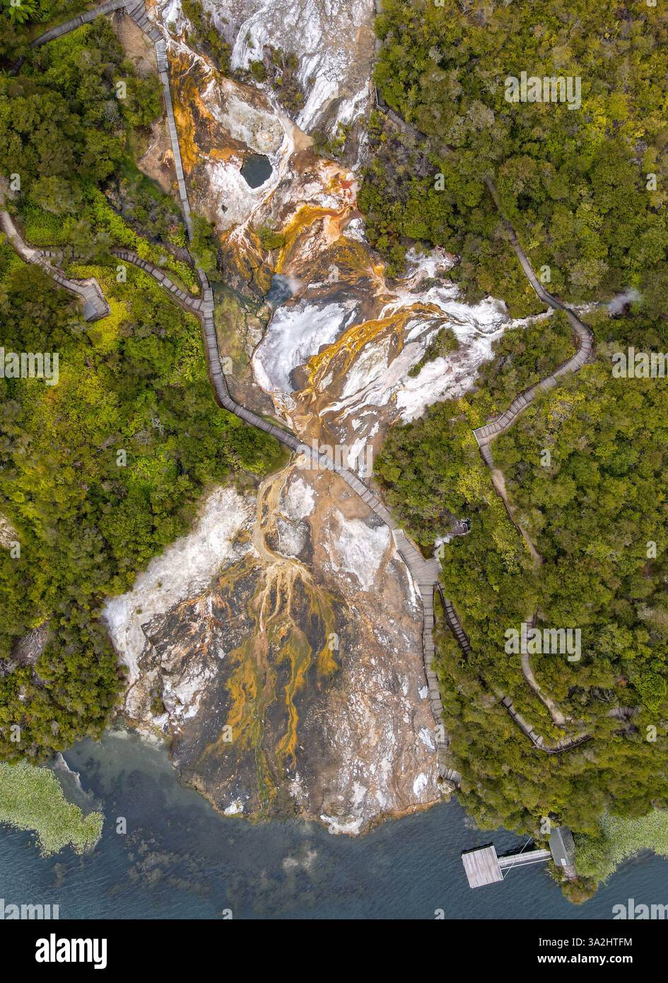 Drone view at Orakei Korako Geothermal Park on New Zealand Stock Photo ...
