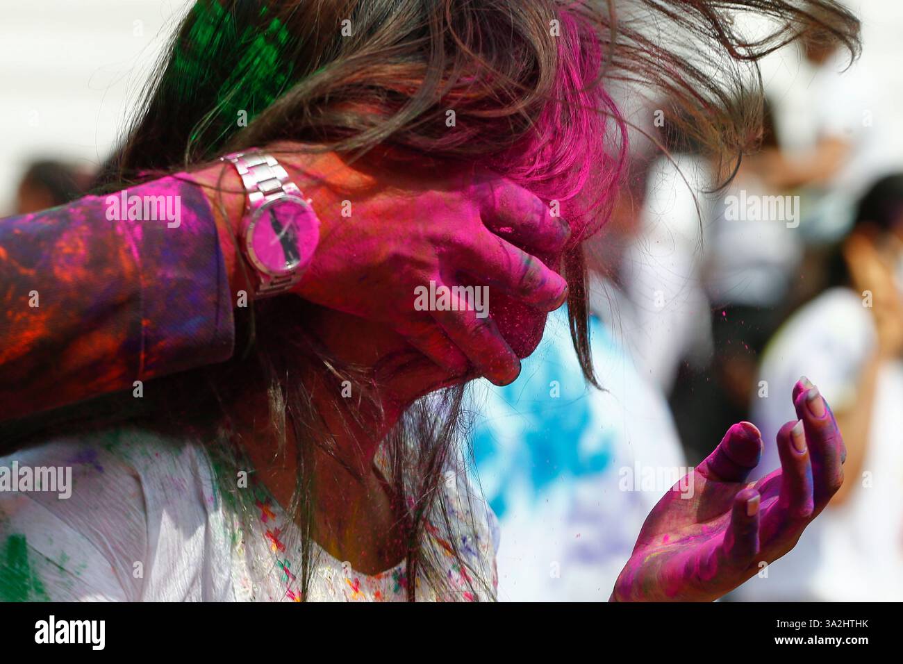 On March 13, 2025, in Kathmandu, Nepal. A girl is smeared with ...