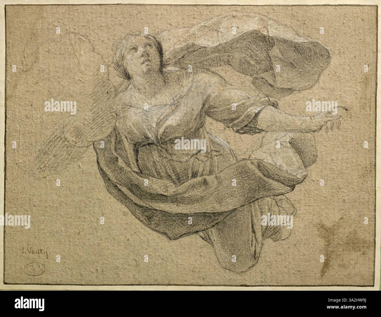 This artwork depicts a female figure flying among the clouds ...