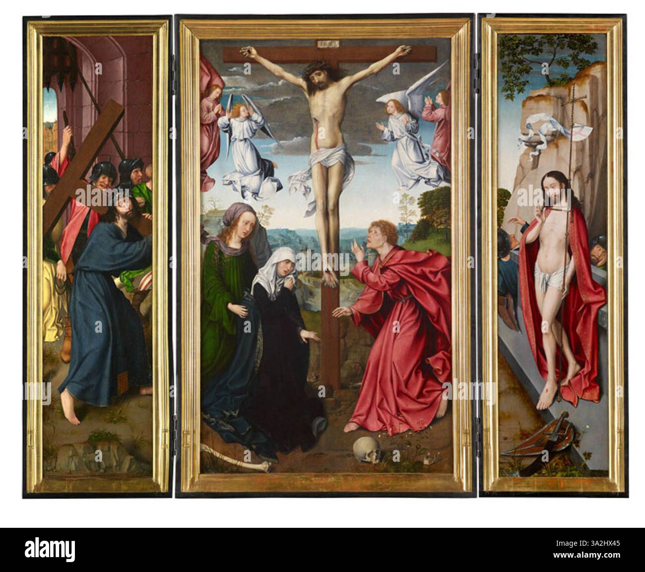 This triptych depicts the Crucifixion of Christ in a three-panel format, with the central panel ...