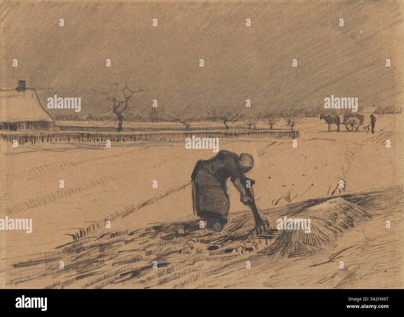 In this painting, Vincent van Gogh portrays a woman with a rake in a ...