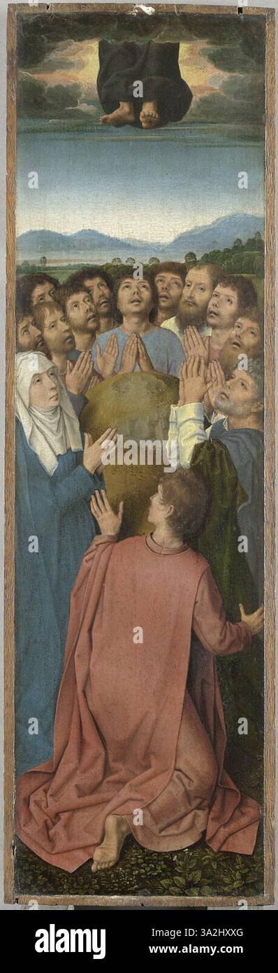 This triptych by Hans Memling, circa 1430s, depicts the Ascension of Christ. The central panel ...