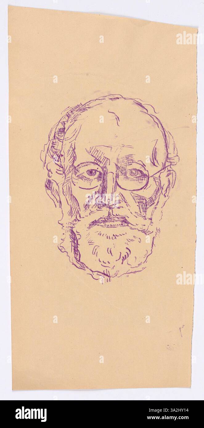 This self-portrait depicts Munch wearing glasses and a beard. The ...