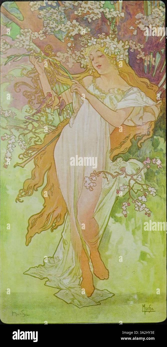 'Bridges, P03' by Alphonse Mucha features stylized human figures ...