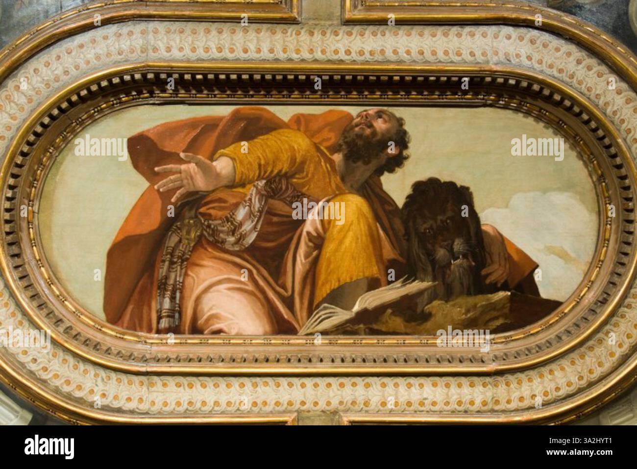 This painting depicts Saint Mark the Evangelist, often shown with a book and a lion ...