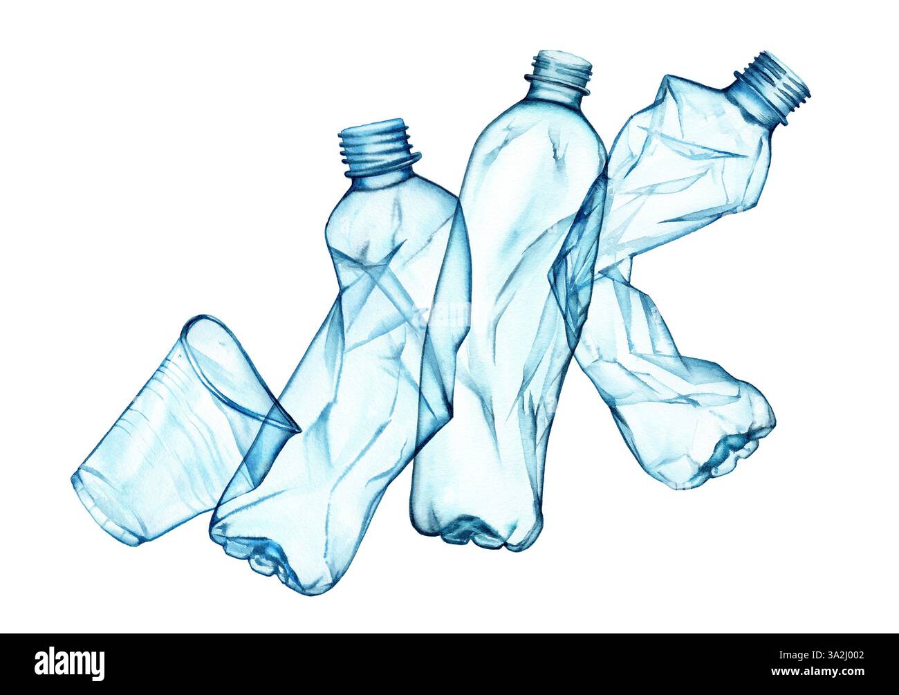 Watercolor arrangement of plastic waste. Stop Plastic pollution banner ...