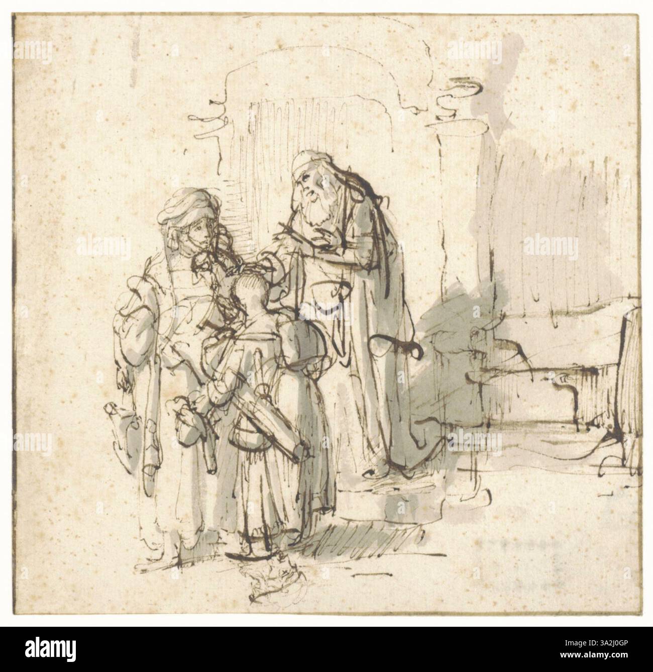 This etching by an unknown pupil of Rembrandt shows the biblical scene ...