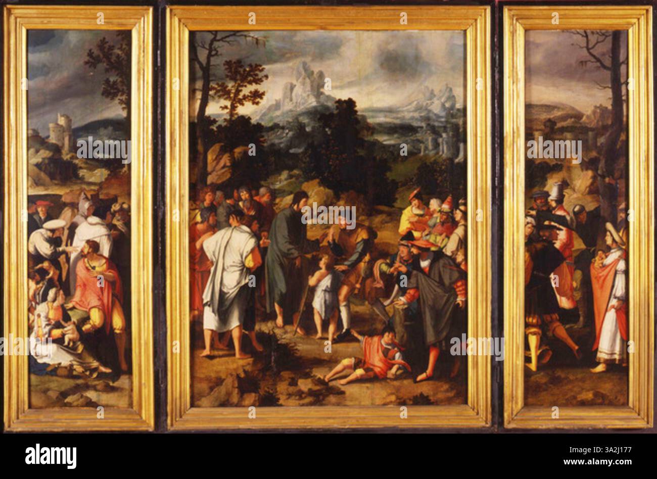 This triptych, after Lucas van Leyden or by a follower of Jan van Scorel, depicts the healing of ...
