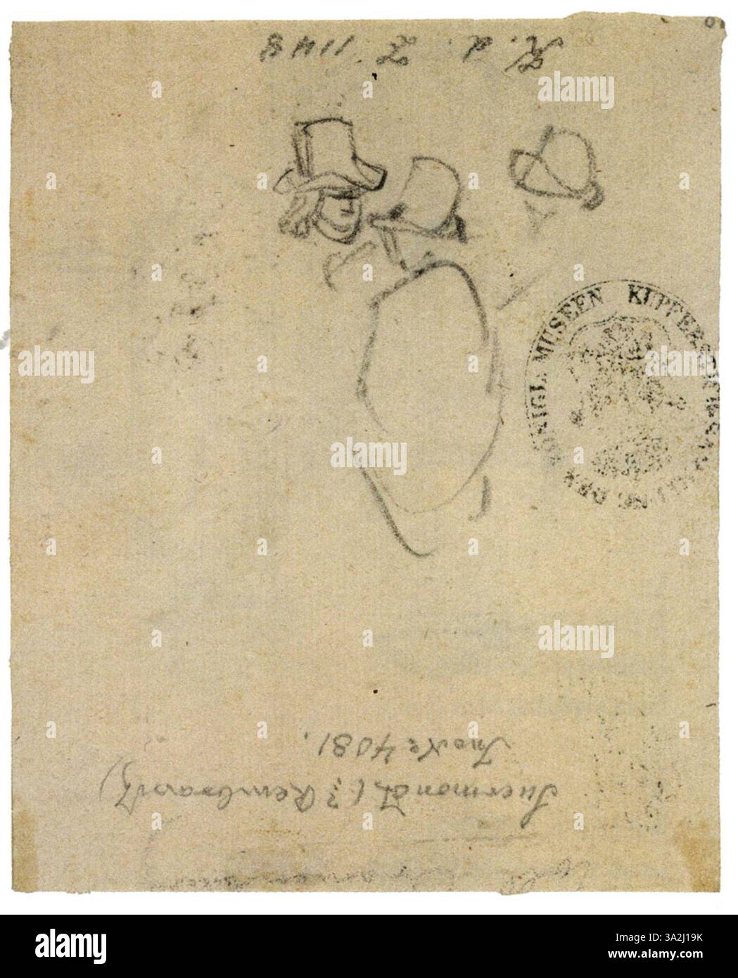 This work by Rembrandt features three men with hats, each with distinct ...