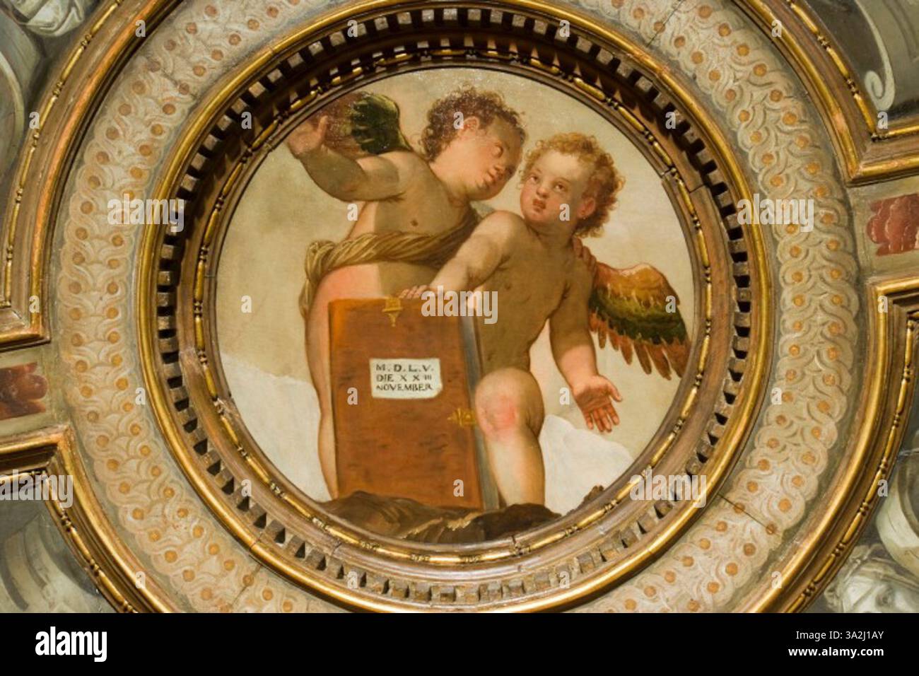 This artwork depicts winged putti holding a book, a symbol of knowledge ...