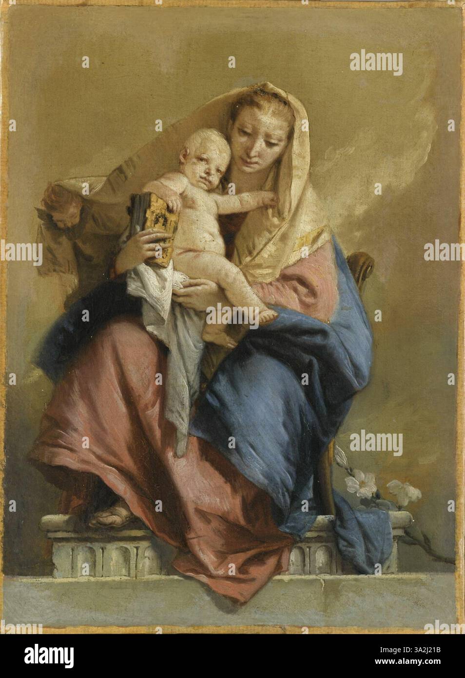 This painting depicts the Virgin Mary holding the Child Jesus, a common ...
