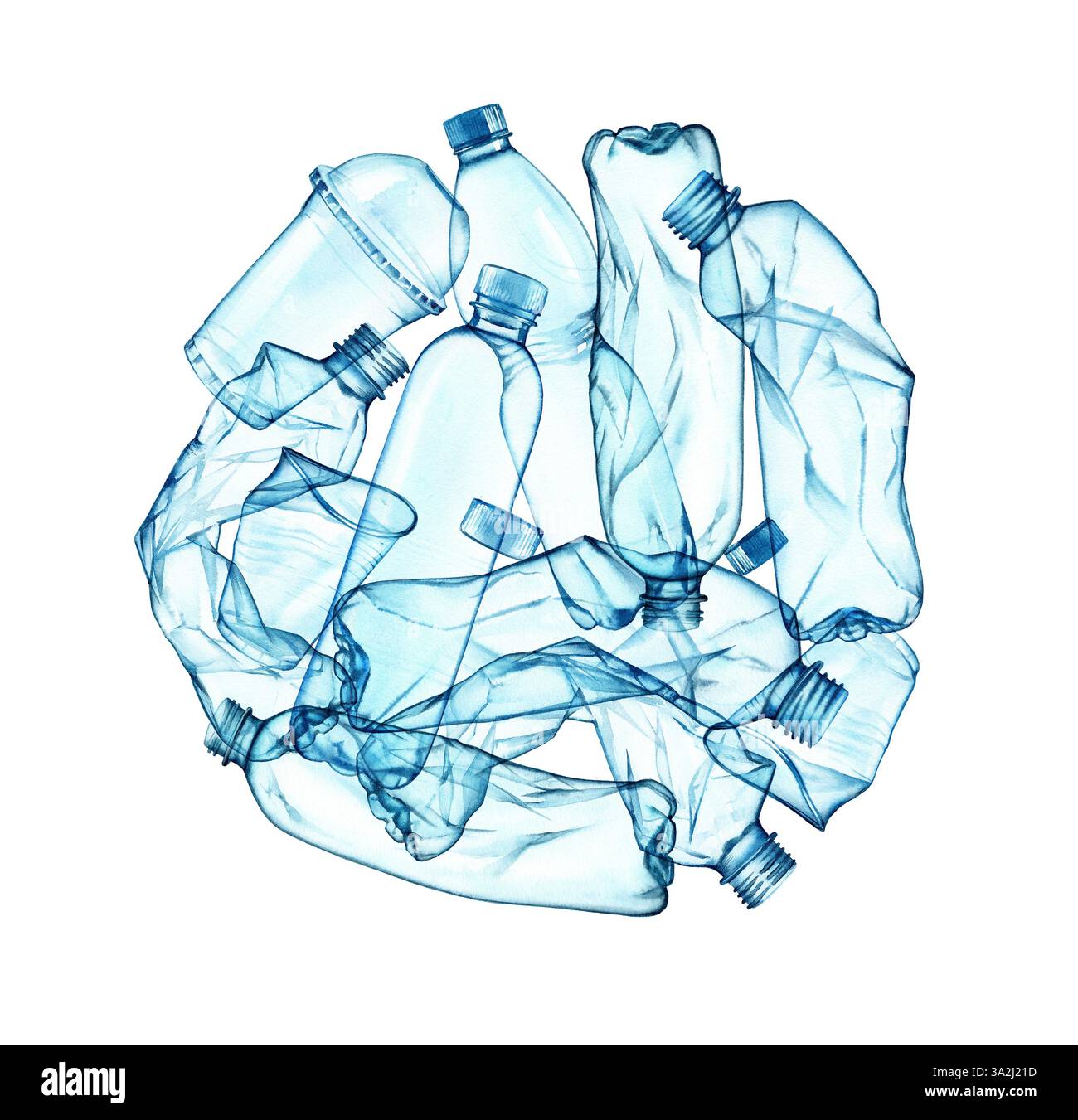 Watercolor plastic. Round composition with plastic cups, bottles ...