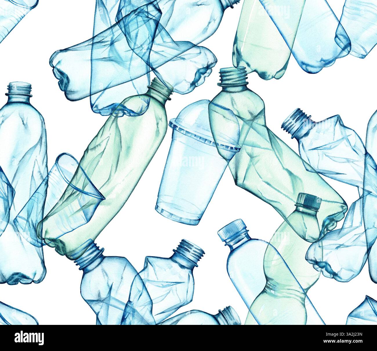 Watercolor seamless pattern. Green and blue plastic waste. Plastic cups ...