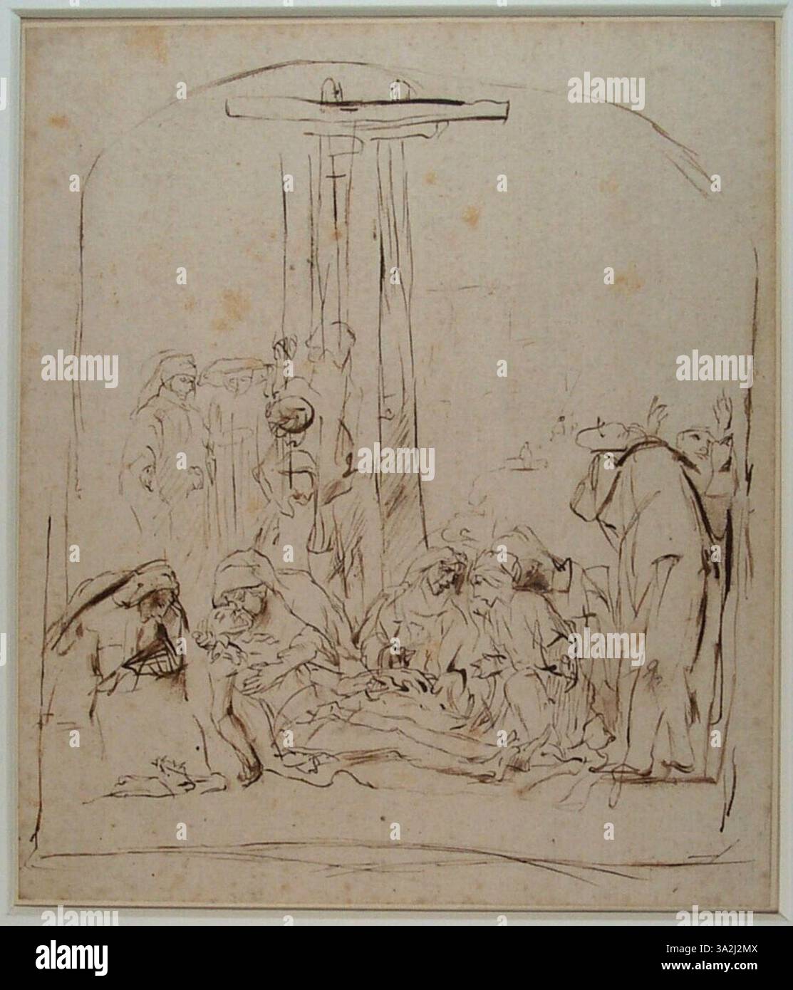 This drawing by Rembrandt depicts the biblical scene of Christ's Lamentation, showing his ...
