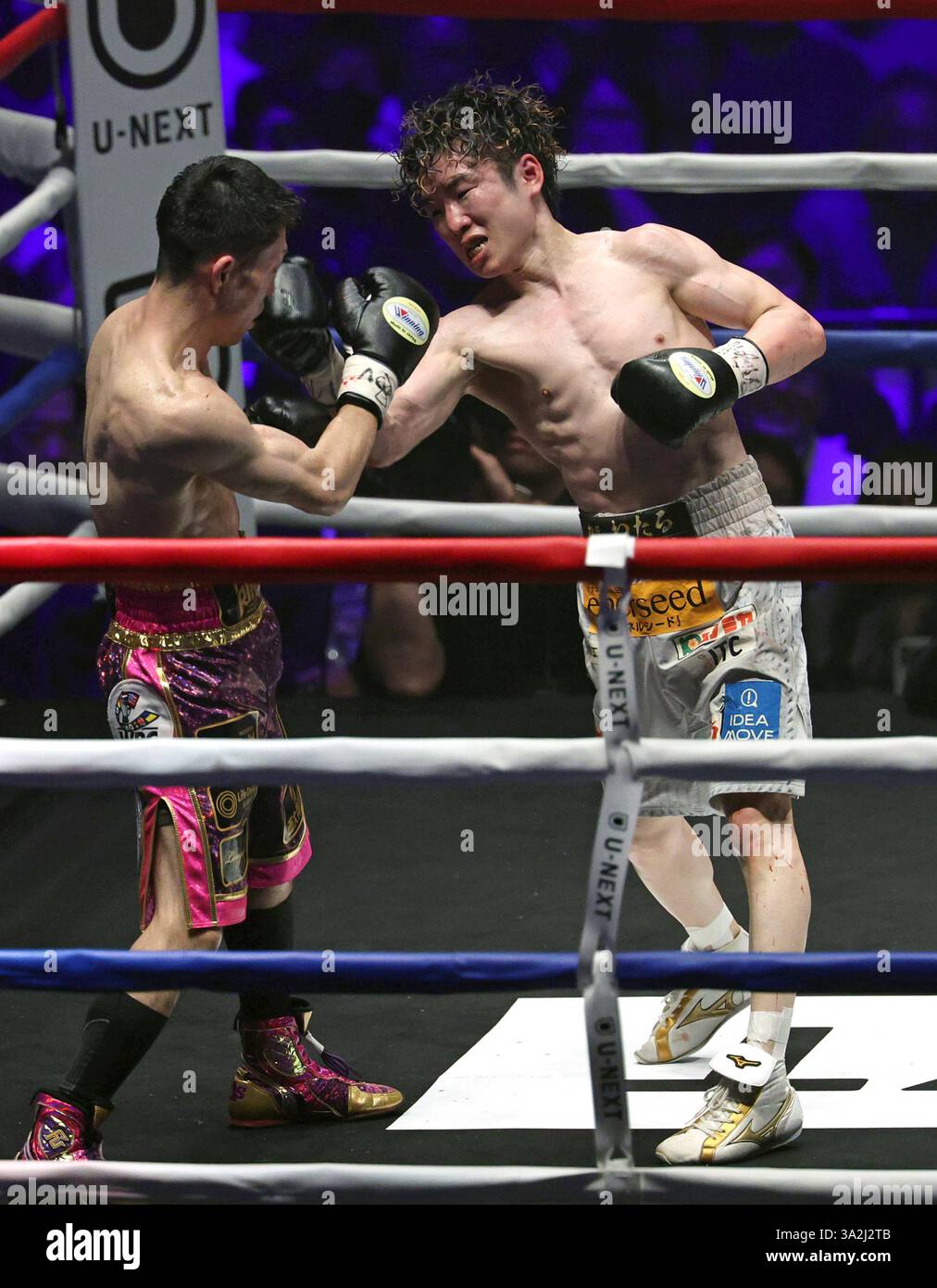 Kenshiro Teraji (Ken Shiro) of Japan (R) throws a punch during WBA, WBC World Flyweight ...