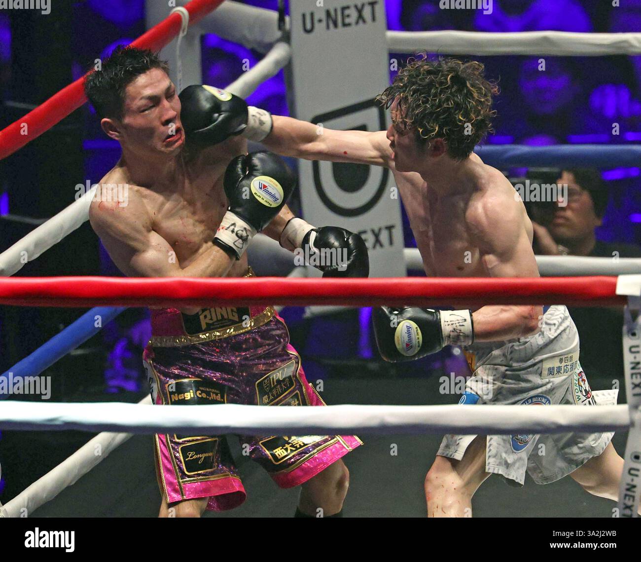 Kenshiro Teraji (Ken Shiro) of Japan (R) throws a punch during WBA, WBC ...