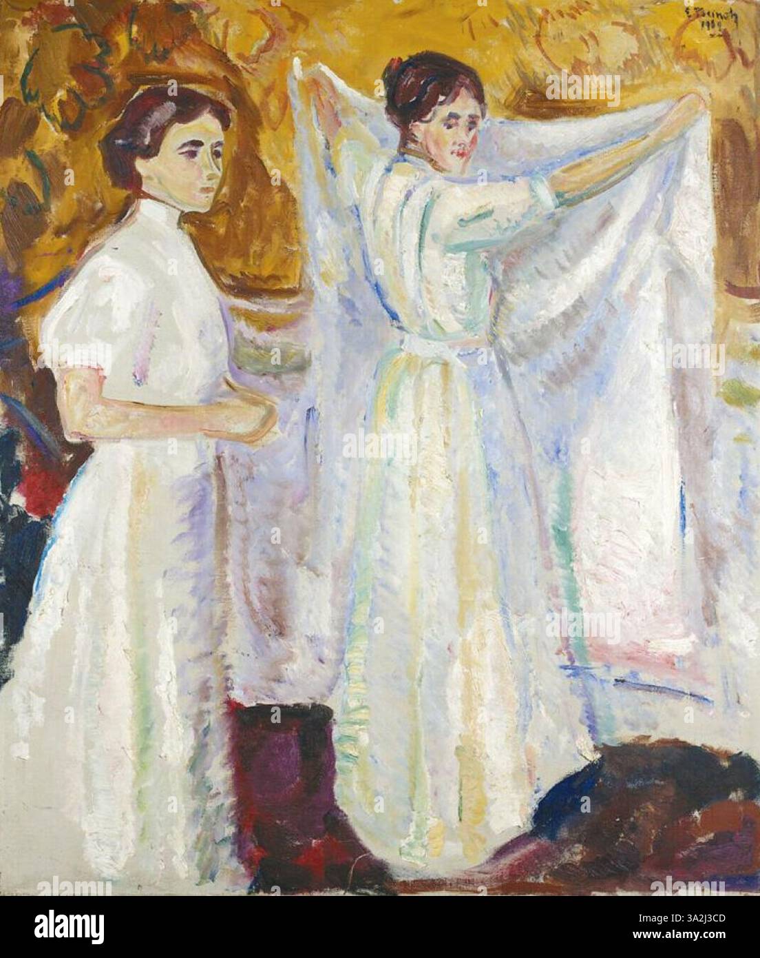 Edvard Munch's 'Nurses Holding a Sheet,' painted in 1909, depicts two ...