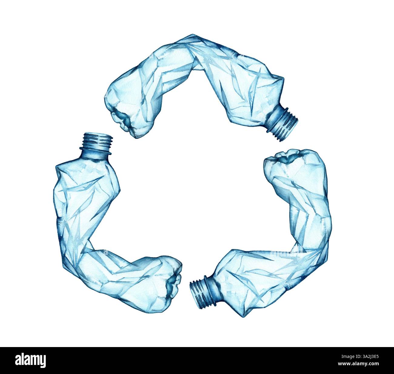 Watercolor Recycle sign. Round composition with plastic bottles. Reuse ...