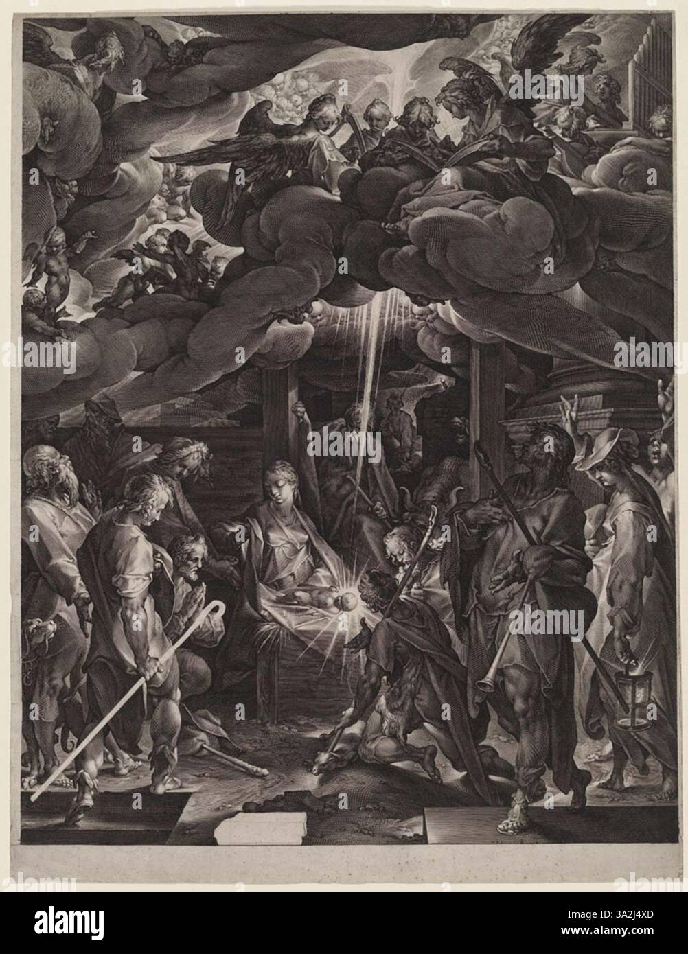This nativity scene depicts the shepherds adoring the newborn Christ, a ...