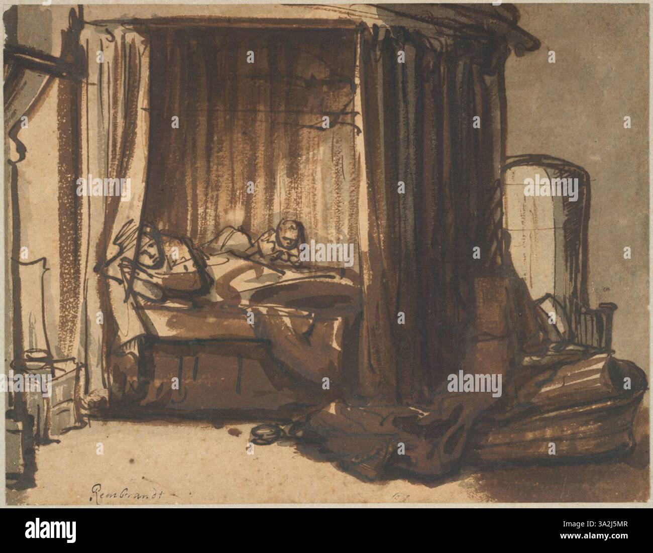 This painting shows a woman reclining in bed, holding a child in her ...