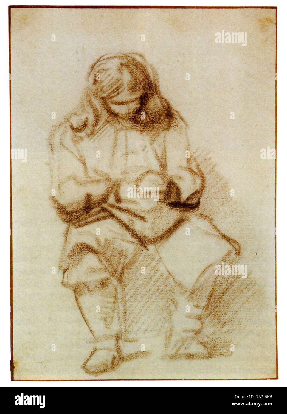 This painting by Rembrandt portrays a seated man with his hands ...