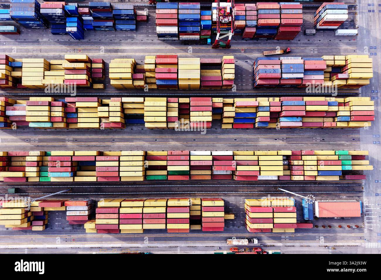 Foreign trade containers are seen at a storage yard in Qingdao Port ...