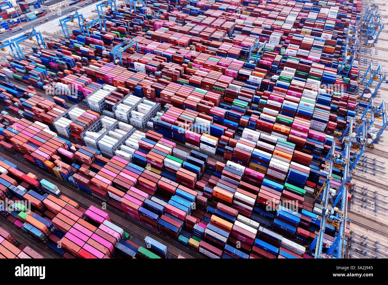 Foreign trade containers are seen at a storage yard in Qingdao Port ...