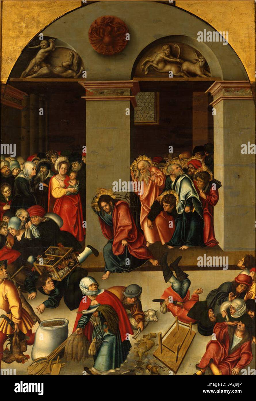 This painting depicts the biblical scene of Christ expelling the money ...