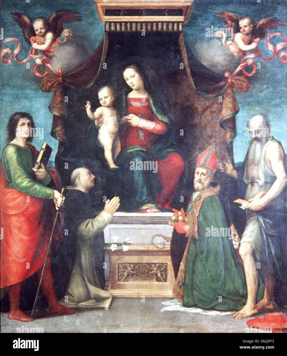 This work shows the Madonna with Child Jesus on a throne, accompanied ...