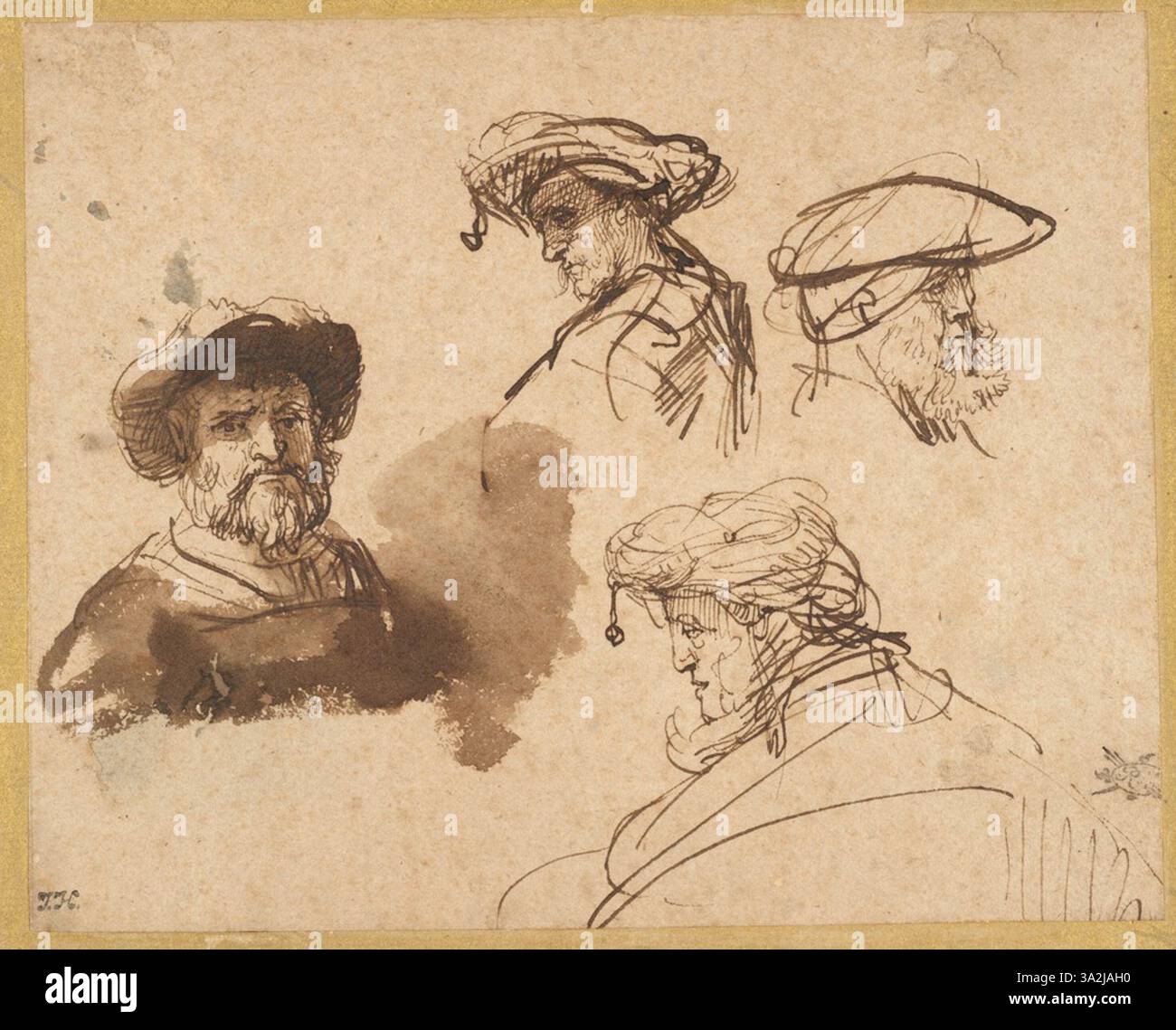 This drawing shows four studies of male heads, showcasing Rembrandt’s ...