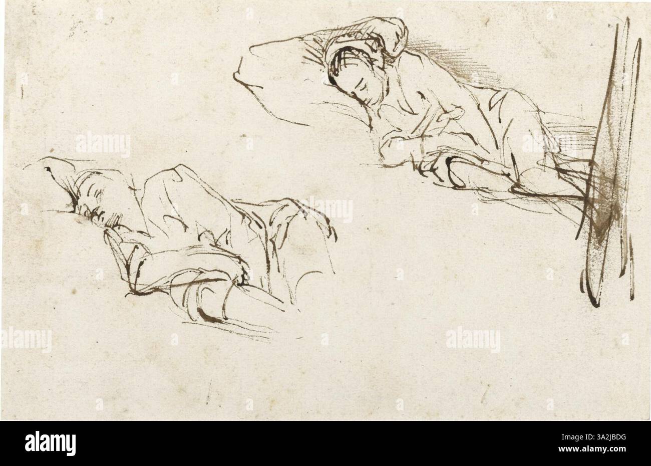 This cropped artwork presents two studies of a woman asleep, capturing ...