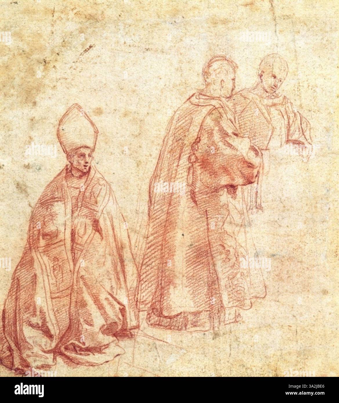 This drawing by Raphael depicts a kneeling cardinal bishop and two ...