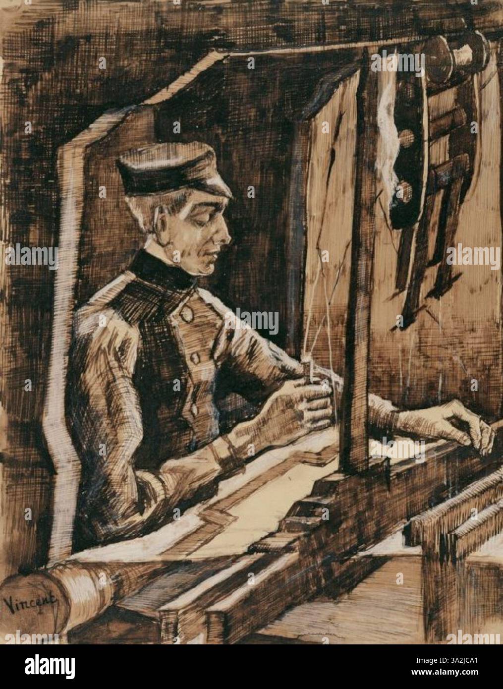 This drawing by Van Gogh captures the scene of a weaver at the loom ...