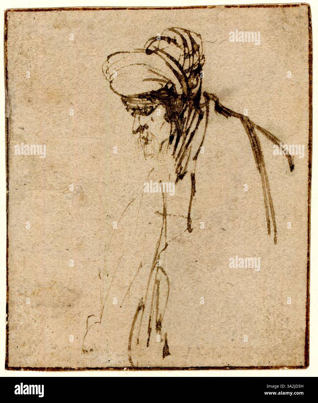 This early sketch by Rembrandt features a man in a half-length pose ...